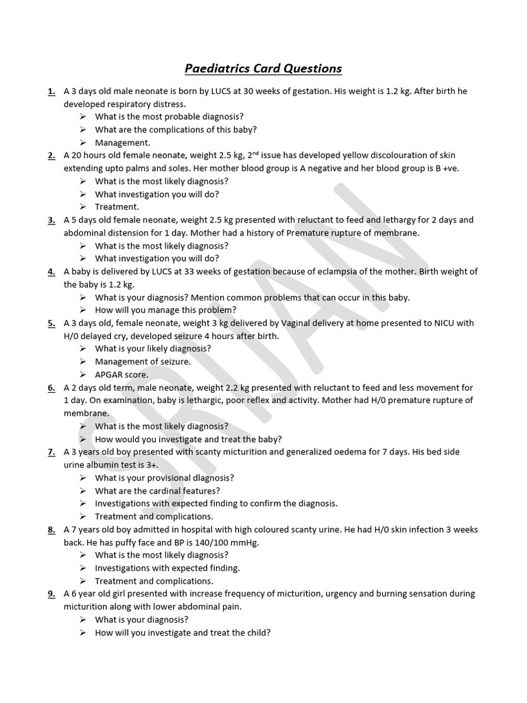 Paediatrics Card Questions | PDF | Anemia | Hepatitis
