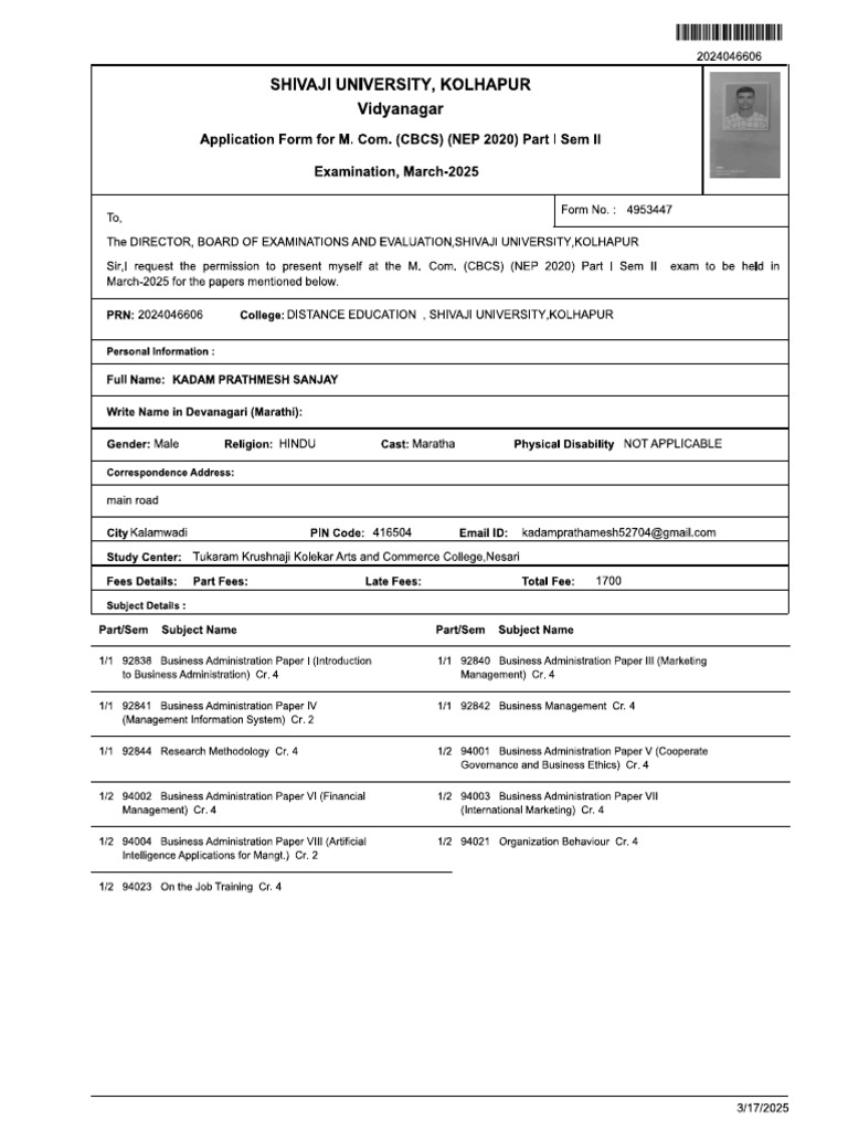 Prathamesh Kadm Exam Form | PDF