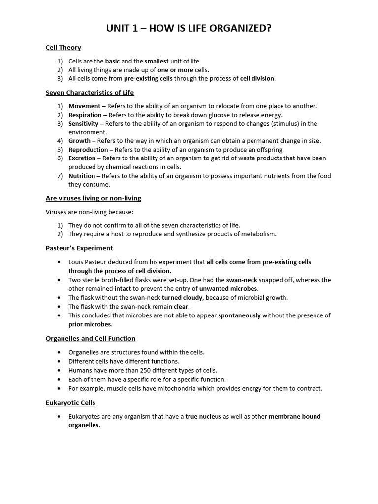 IBMYP Biology - Unit 1 - How Is Life Organized - Notes | PDF | Cell ...