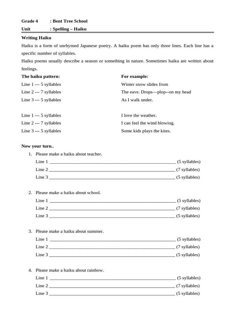 Grade 4 Spelling: Haiku & Cinquain Guide | PDF | Haiku | Poetry