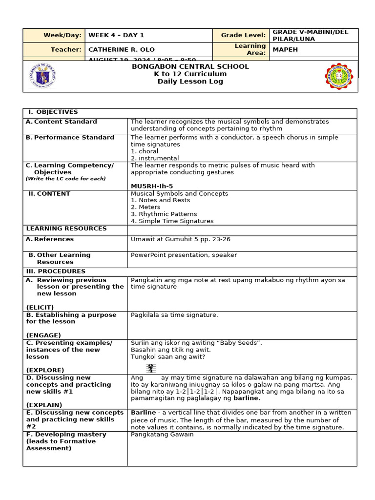 Dll-Mapeh 5-Quarter 1 Week 4 Day 1 | PDF | Rhythm | Behavior Modification