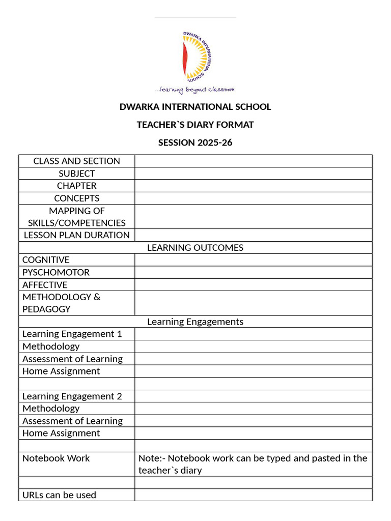 Teacher's Diary Format VI To XII | PDF