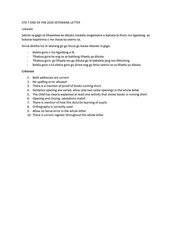 STD 7 End of Feb 2020 Setswana Letter and Composition | PDF | Languages ...