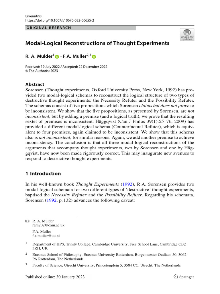 Modal-Logical Reconstructions of Thought Experiments - R. A. Mulder and ...