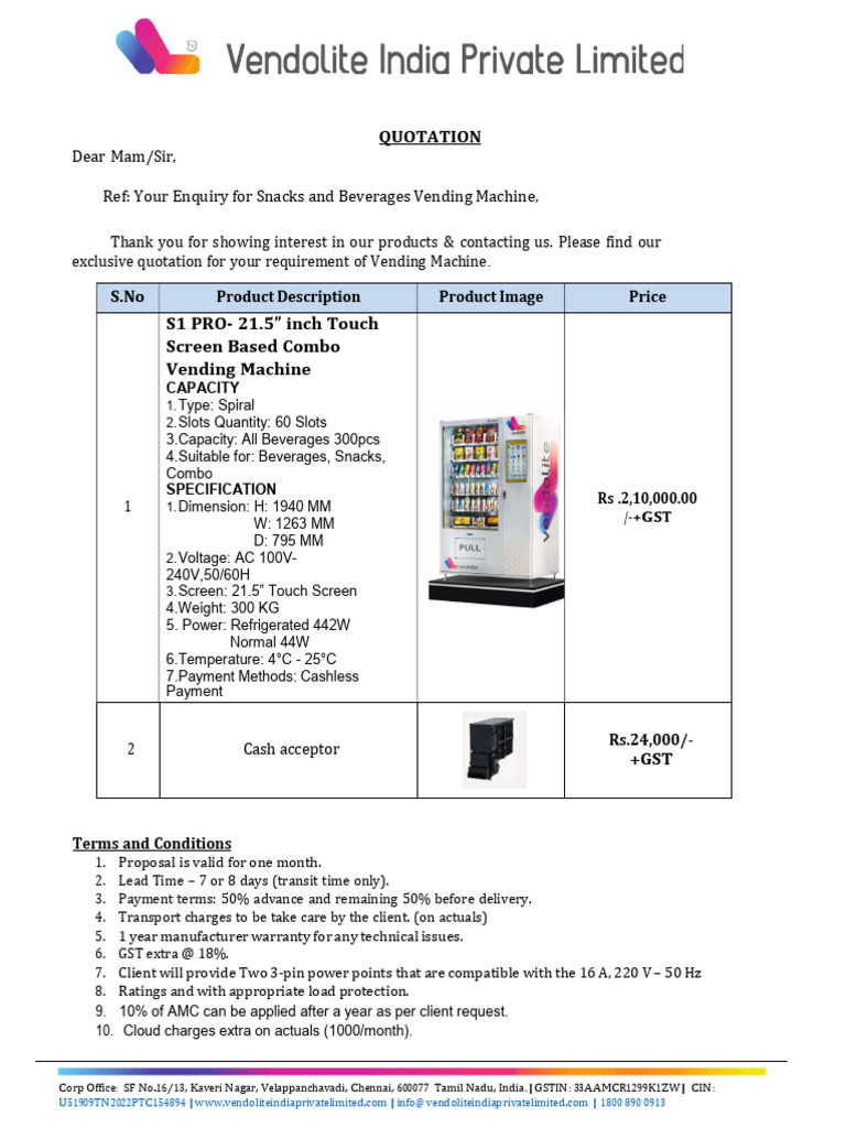 General Quotation Vendolite | PDF | Mains Electricity | Vending Machine