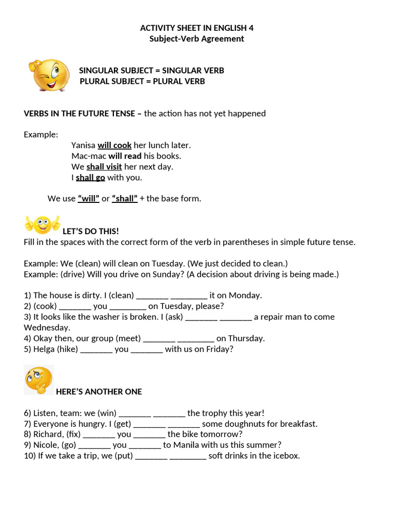 Activity Sheet in English 4 (Subject-Verb Agreement | PDF | Verb ...