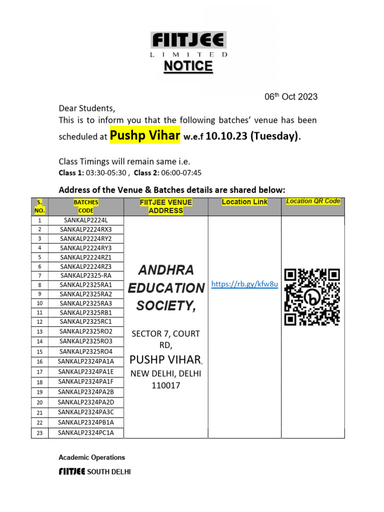 Fiitjee New Class Venue Notice - Reg - Aes, Pushp Vihar | PDF