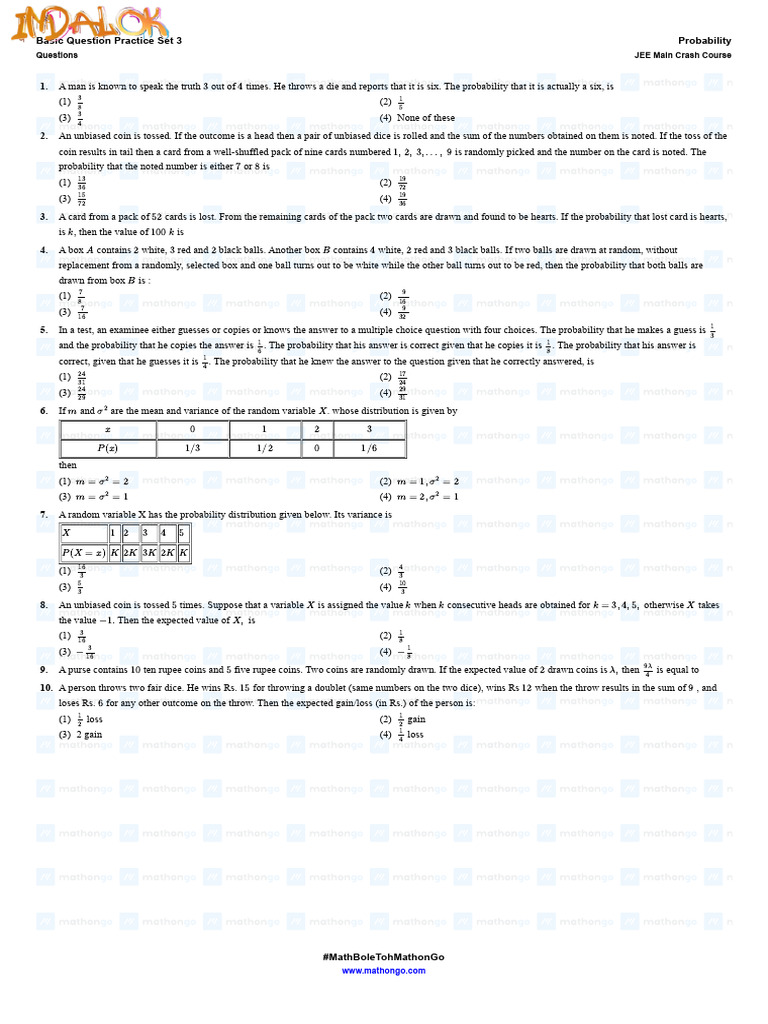 169 Qs - Practice Question Set 3 @IndAlok | PDF | Variance | Probability