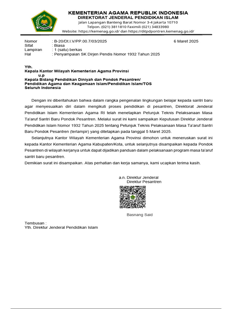 Surat Penyampaian SK Dirjen Pendis Nomor 1932 Tahun 2025 | PDF