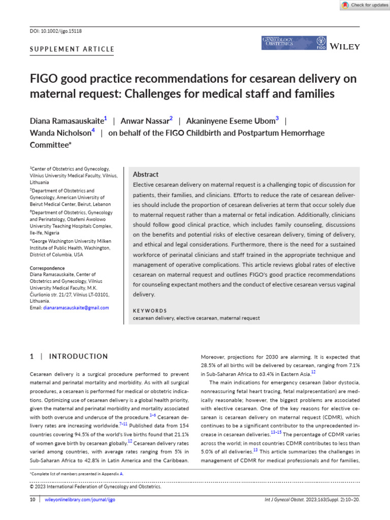 Intl J Gynecology Obste - 2023 - Ramasauskaite - FIGO Good Practice Recommendations For Cesarean ...