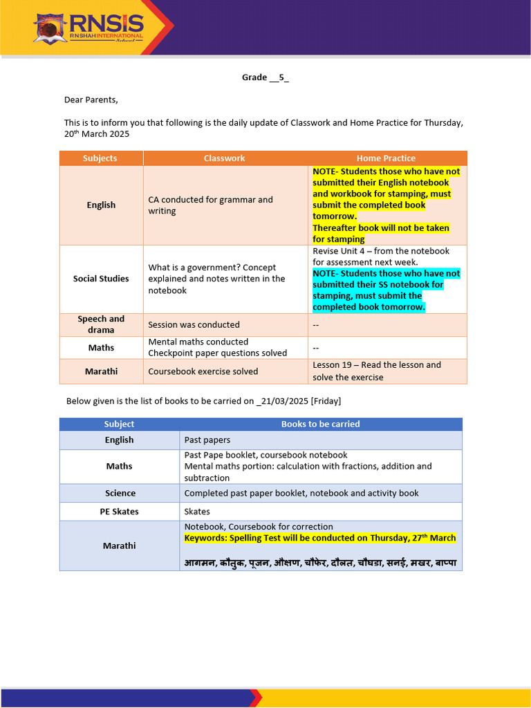 Grade 5 Daily Update 20th March 2025 | PDF