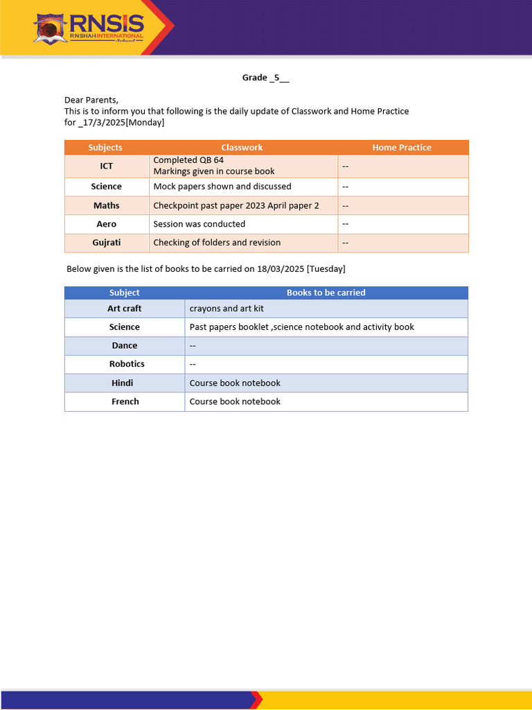 Grade 5 Daily Classwork Update | PDF