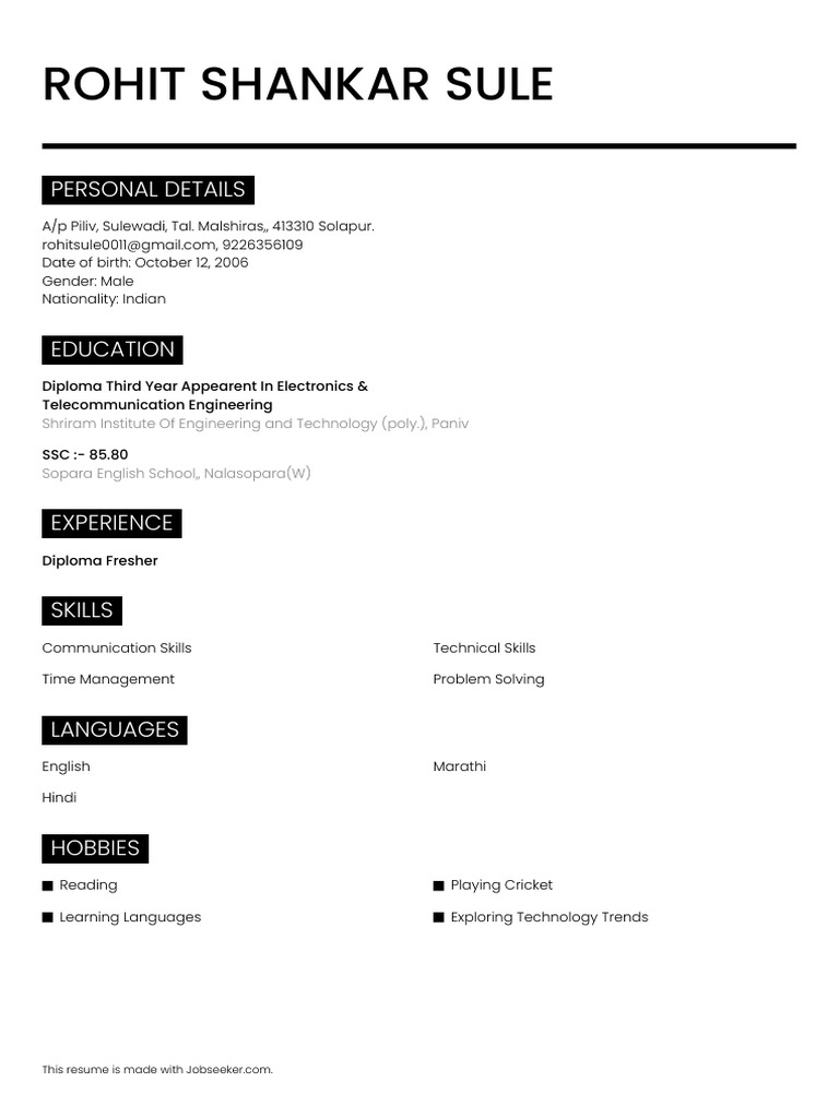 Rohit Shankar Sule's Resume Summary | PDF