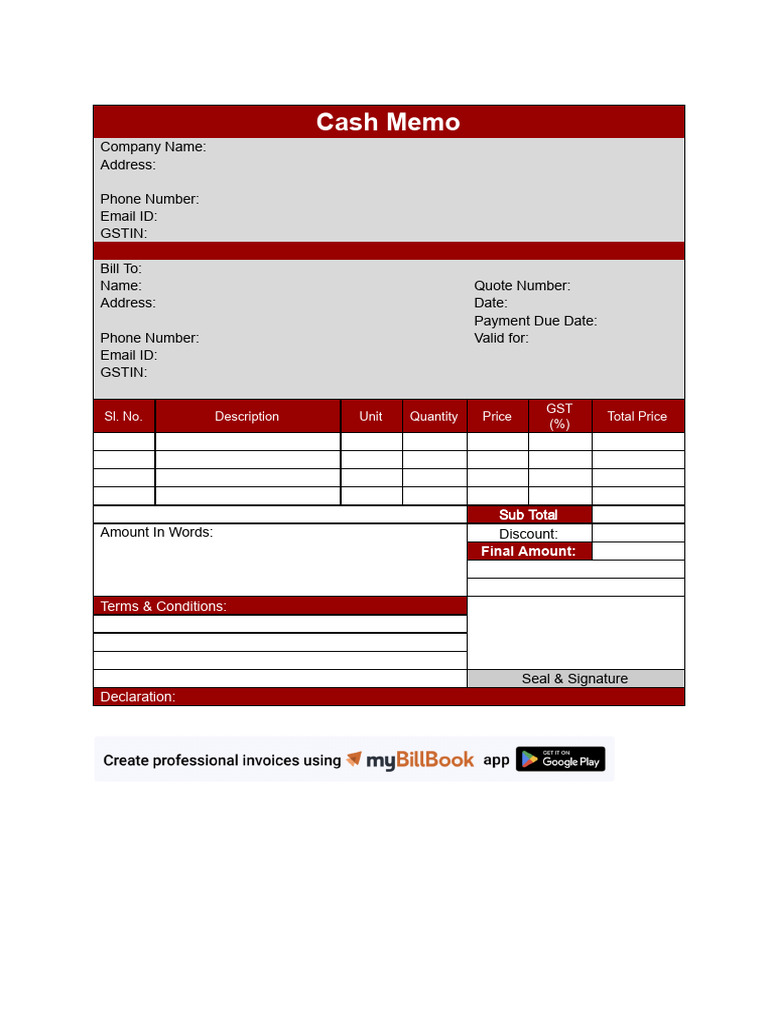 GST Cash Memo Template | PDF