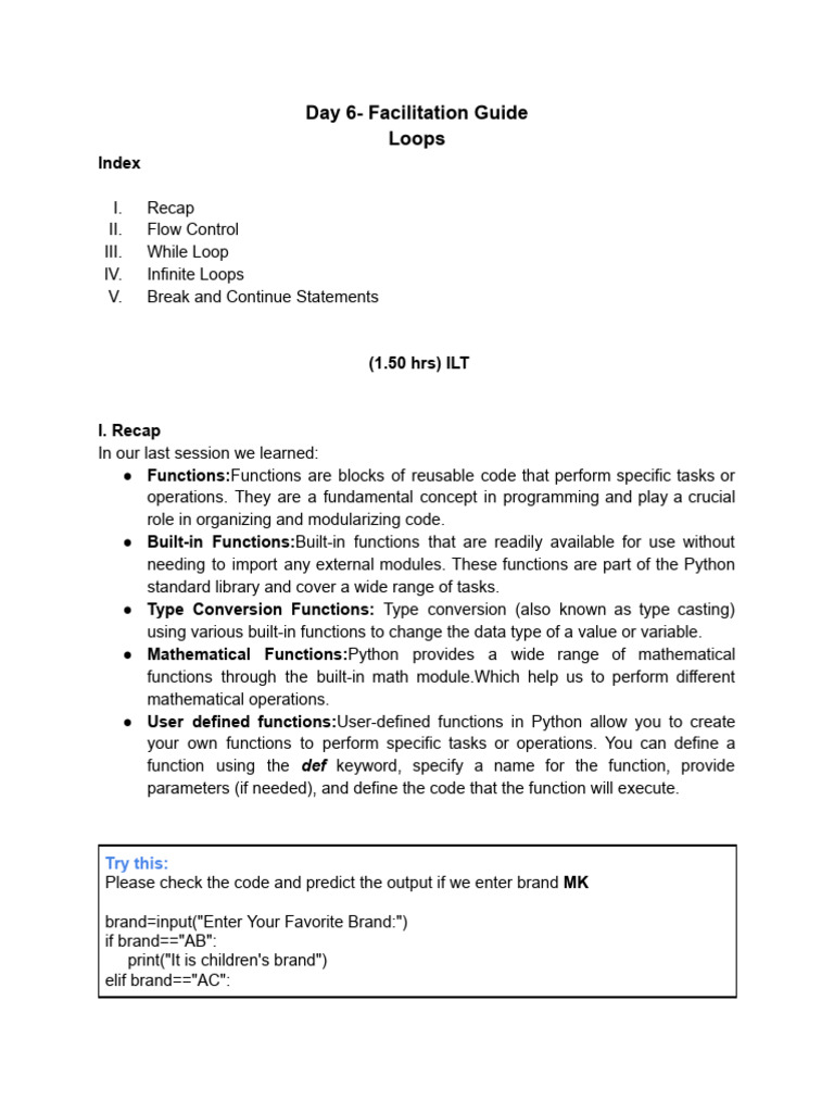 Day6-Facilitation Guide (Loops) | PDF | Control Flow | Programming Paradigms