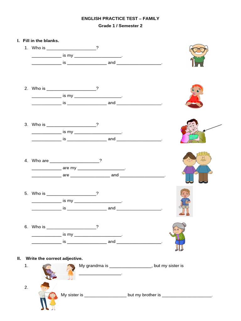 Grade 1 Family English Practice Test | PDF