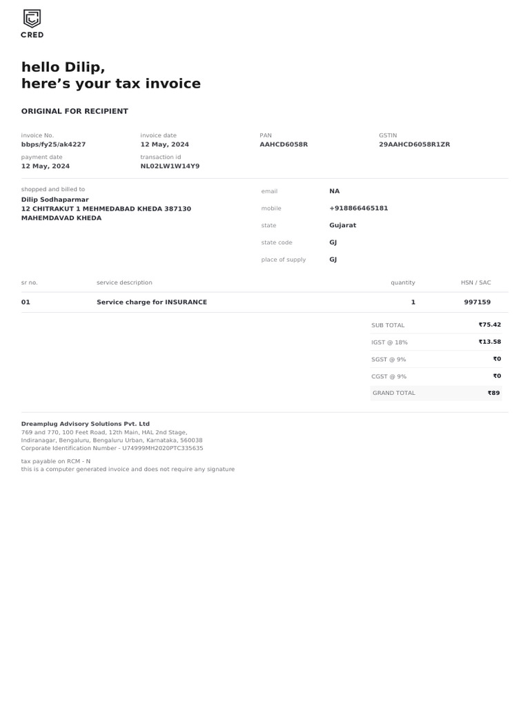 Hello Dilip, Here's Your Tax Invoice: Original For Recipient | PDF