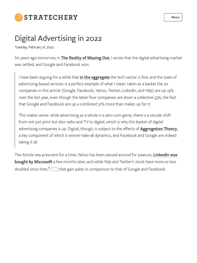 Digital Advertising in 2022 - Stratechery by Ben Thompson | PDF | Mobile App | Facebook