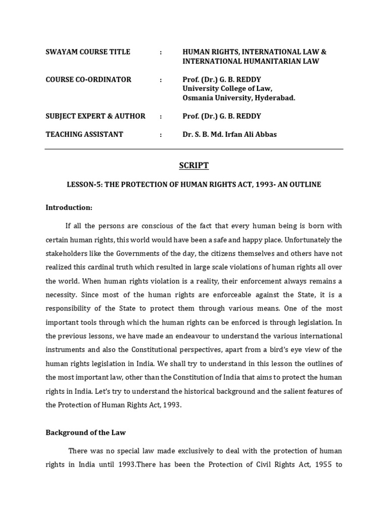 The Protection of Human Rights Act, 1993 - An Outline 2 | PDF | Human ...