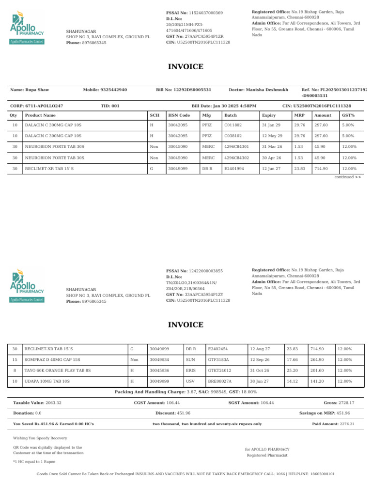 Apollo Pharmacy Invoice Details | PDF | Health Sciences | Medicine