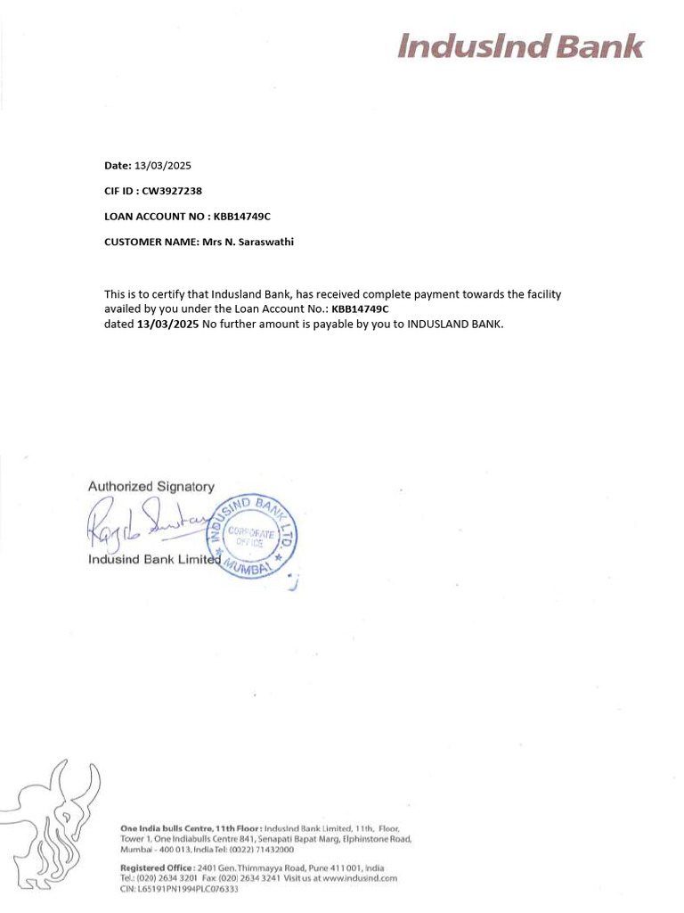 NOC From Indusland Bank | PDF