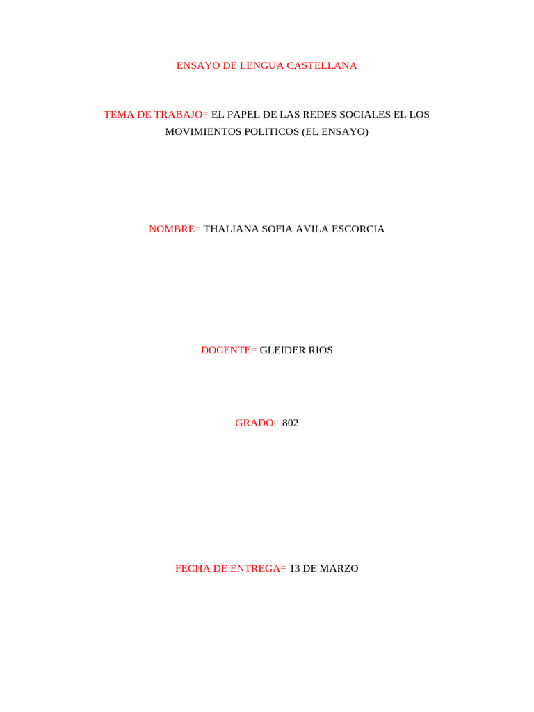 CORRECCIÓN - ENSAYO DE LENGUA CASTELLANA THALIANA SOFIA AVILA ESCORCIA 8-02-1 | PDF | Ensayos ...