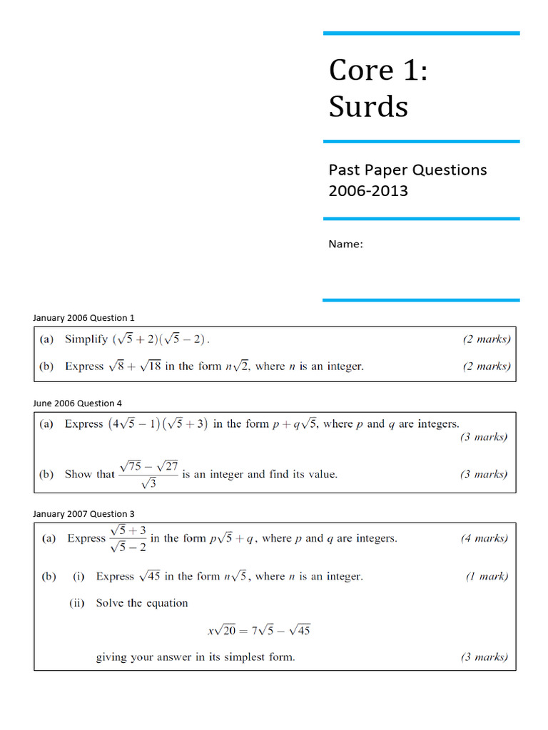 Surds Past Paper Questions 2006-2013 | PDF