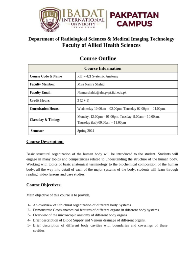 Course Outline RIT-421 Systemic Anatomy | PDF | Peritoneum | Muscle