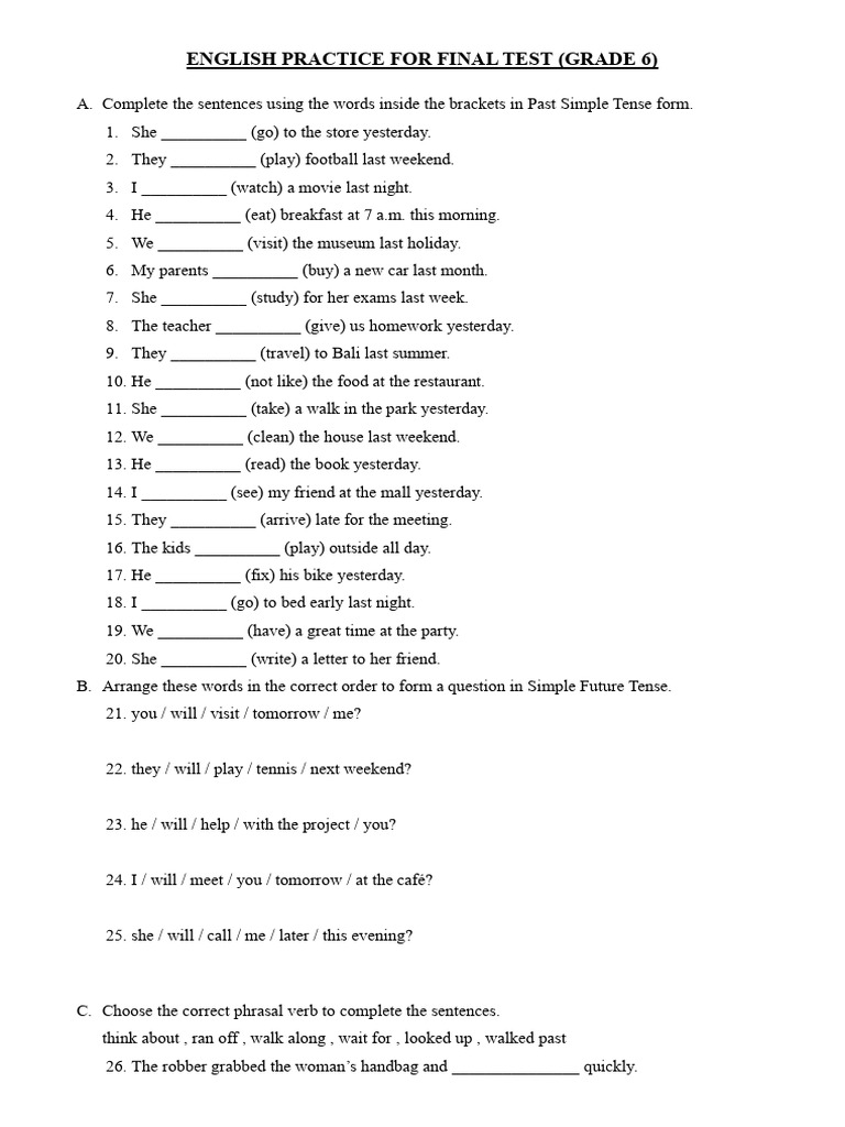 Grade 6 English Final Test Practice | PDF