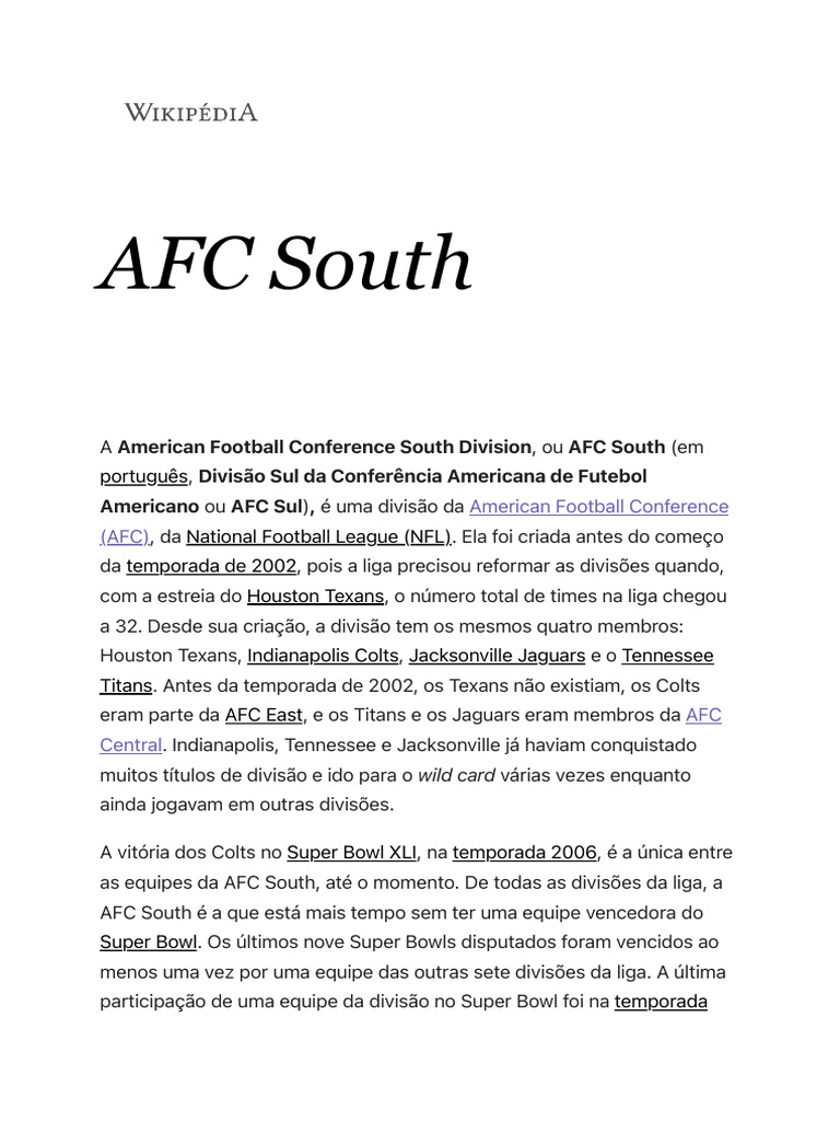 História da AFC South na NFL | PDF | Times da American Football League ...