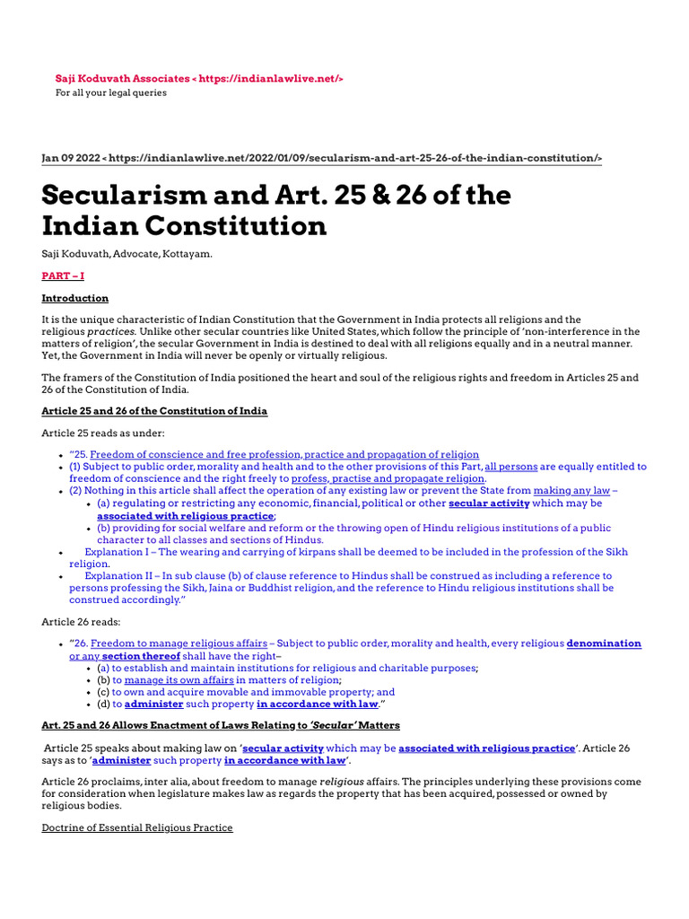 Secularism and Art. 25 & 26 of The Indian Constitution - Saji Koduvath ...