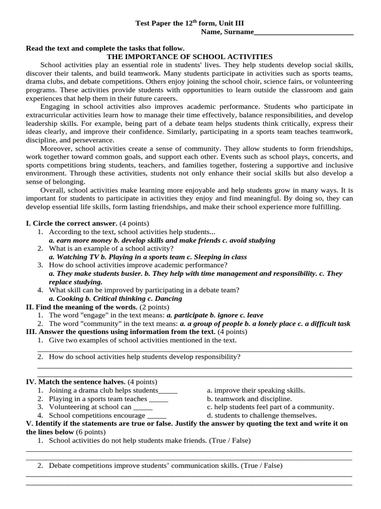 Test Paper the 12th form Unit III 2025 | PDF | Schools | Critical Thinking