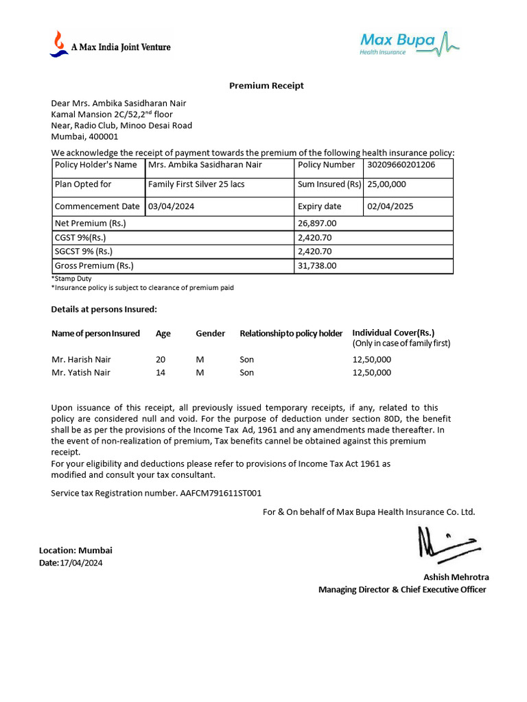 Health Insurance Premium Receipt 2024 | PDF | Taxes | Taxation