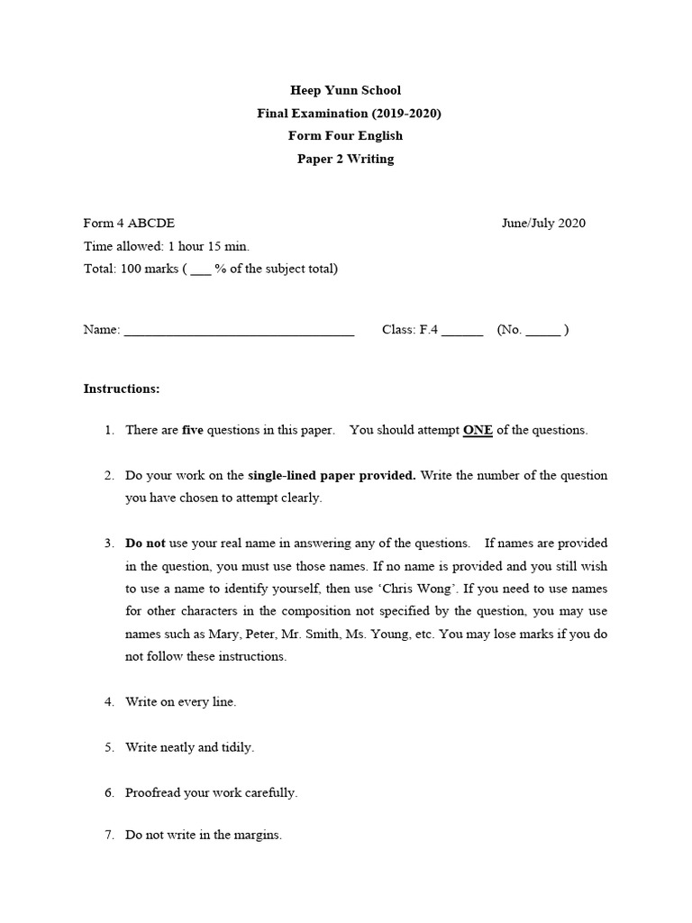 F4 Final Exam Writing 1920 | PDF | Essays