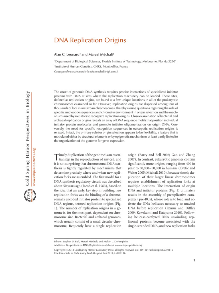 DNA Replication Origins by Leonard and Mechali | PDF | Dna Replication ...