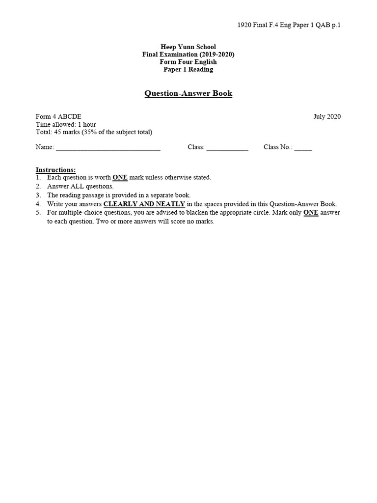 1920 F.4 Final Exam Paper 1 - QAB | PDF | Little Women