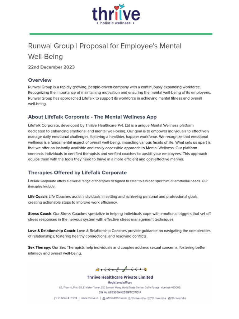 RunwalGroup LifeTalk Proposal 22122023 | PDF | Mental Health | Stress ...
