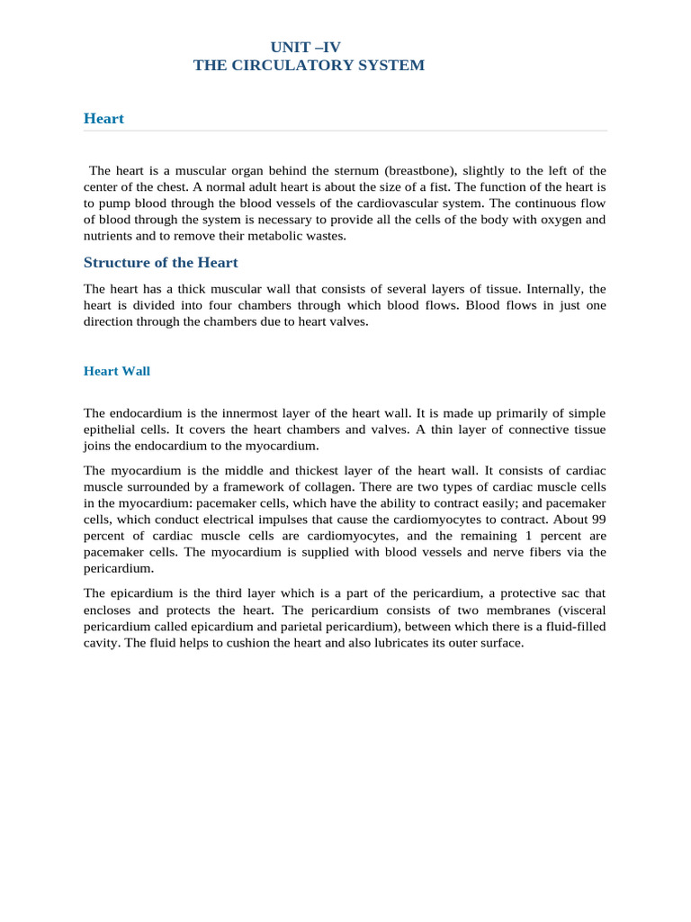 Unit - 4 The Circulatory System | PDF | Heart | Coronary Circulation