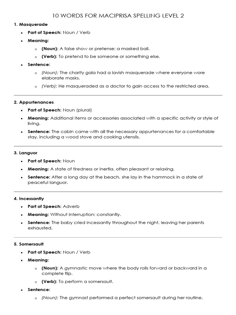 10 Words For Maciprisa Spelling Level 2 | PDF | Part Of Speech | Verb