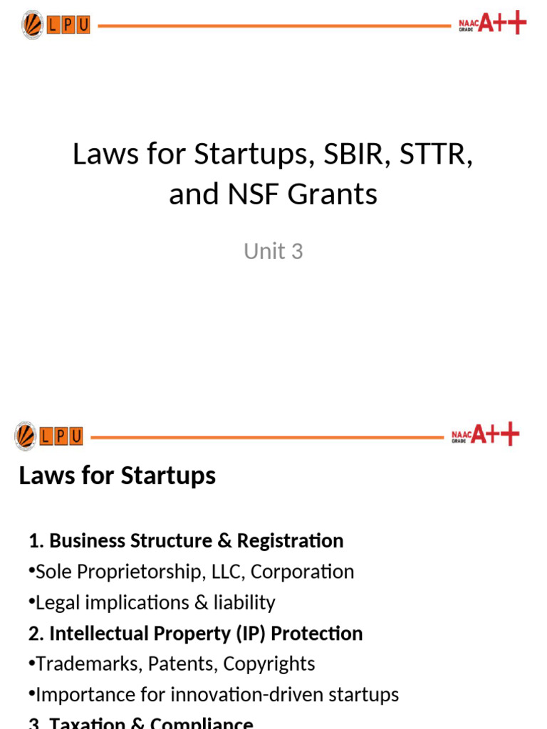 lecture 3-unit 3a STTR, SBIR, NSF (2) | PDF | Business | Startup Company