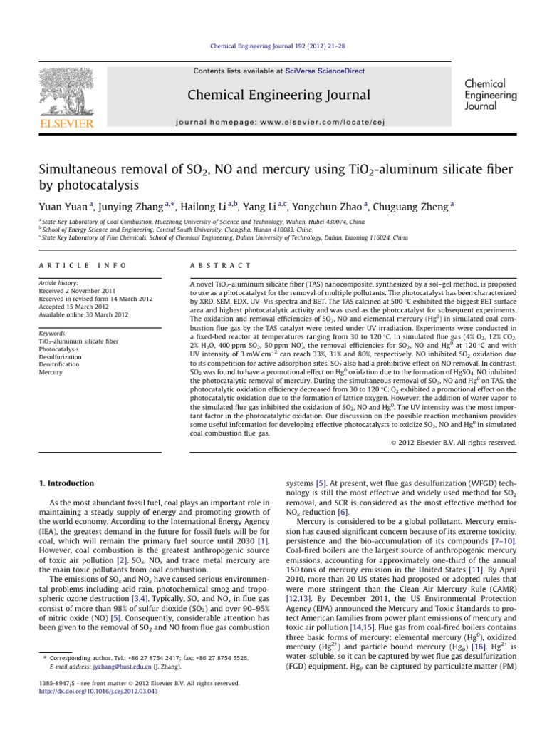 2012-Simultaneous Removal of SO2, NO and Mercury Using TiO2-Aluminum ...