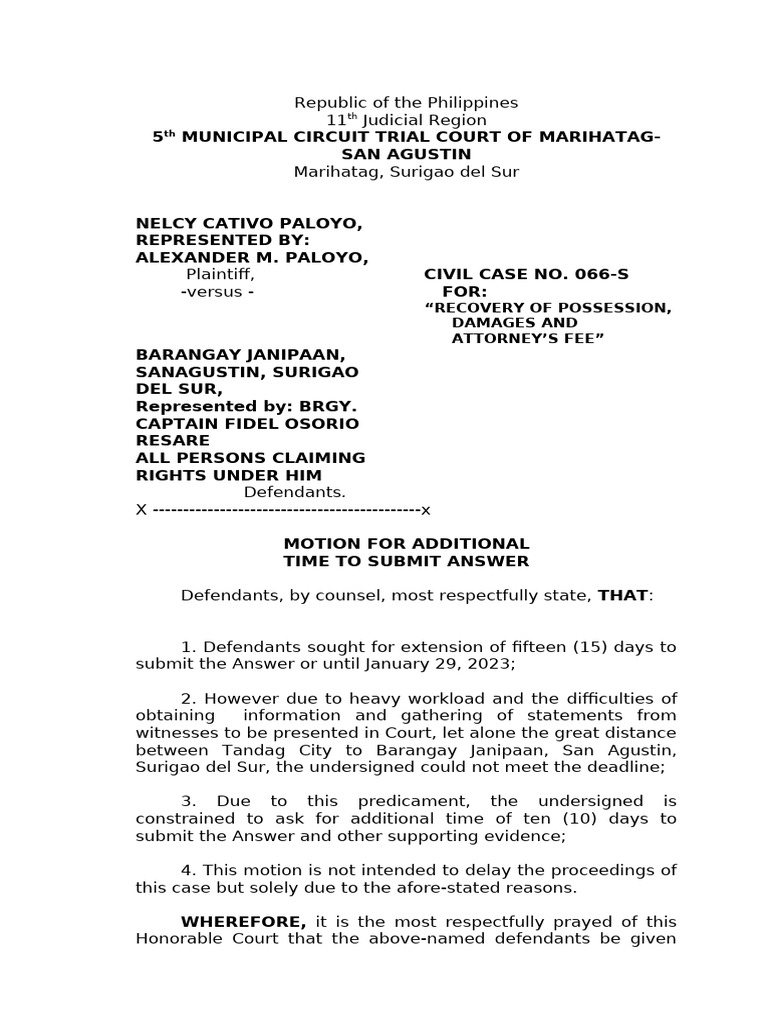 Motion For Additional Time To Submit Answer-Janipaan | PDF | Courts ...