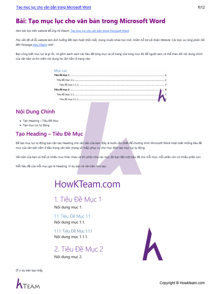 HOWKTEAM.VN - Tạo mục lục cho văn bản trong Microsoft Word | PDF