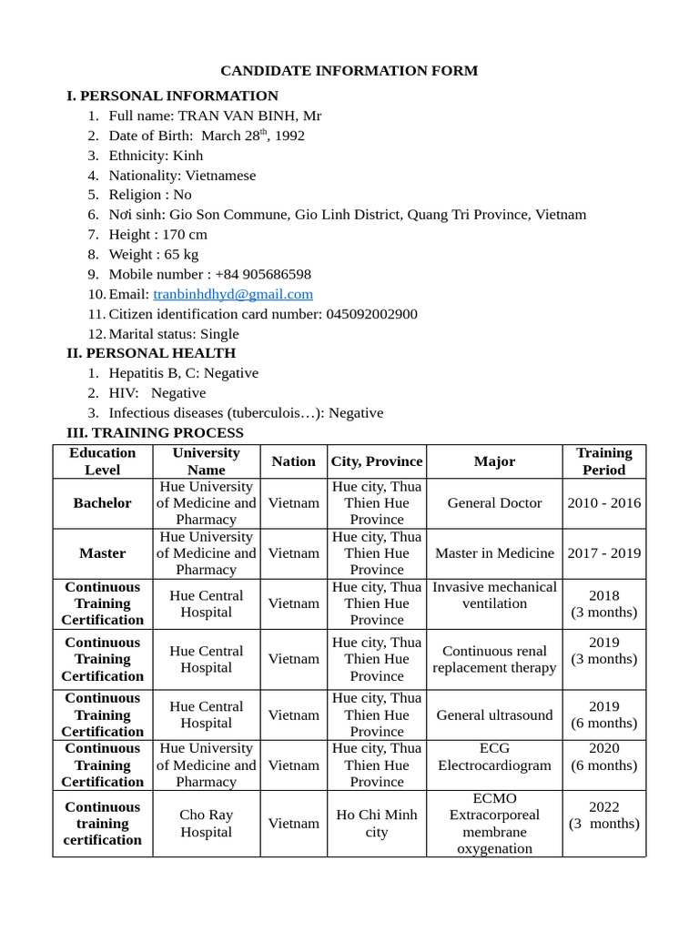 Candidate Information Form | PDF | Sepsis | Intensive Care Medicine