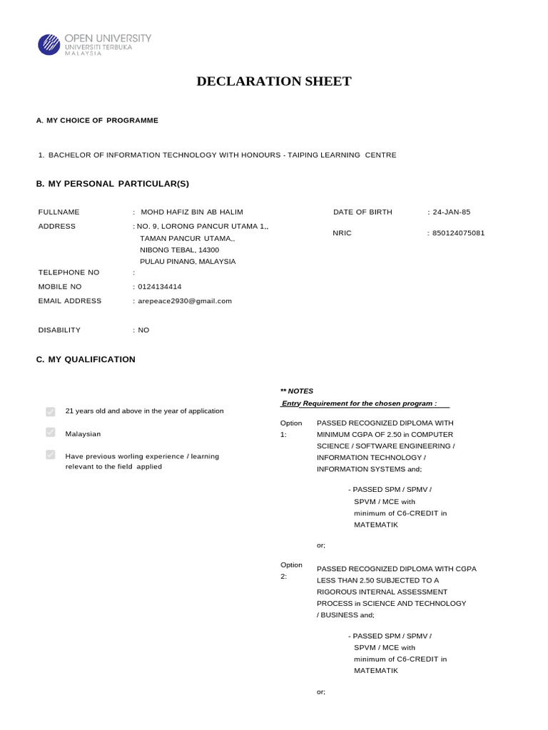 Declaration Sheet - Mohd Hafiz Bin Ab Halim | PDF | Schools ...