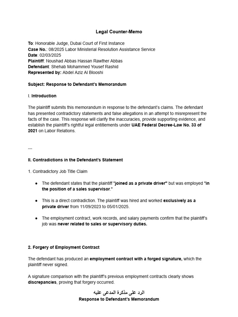 I Response Legal Counter-Memo | PDF | Employment | Damages