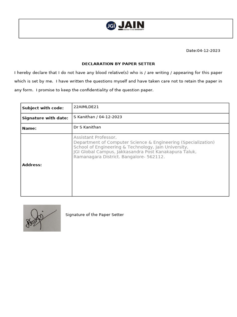 Declaration by Paper Setter | PDF