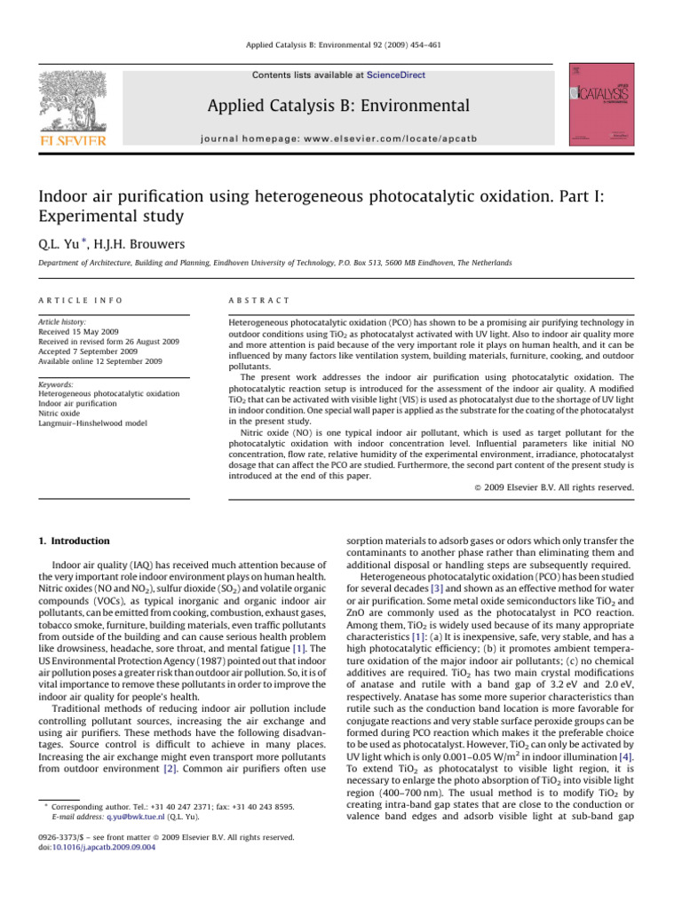 Indoor Air Puri Cation Using Heterogeneous Photocatalytic Oxidation ...