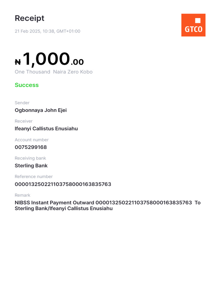 Successful Payment Receipt - ₦1,000 Transfer | PDF