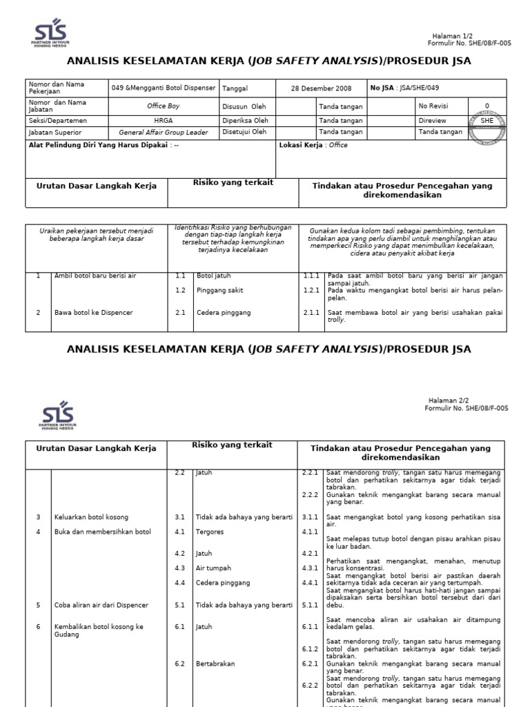 49. JSA Mengganti Botol Dispenser 051109 | PDF